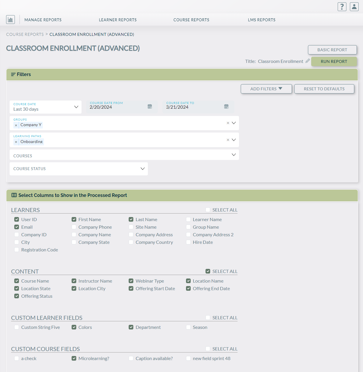 Course Reports - Classroom Enrollment