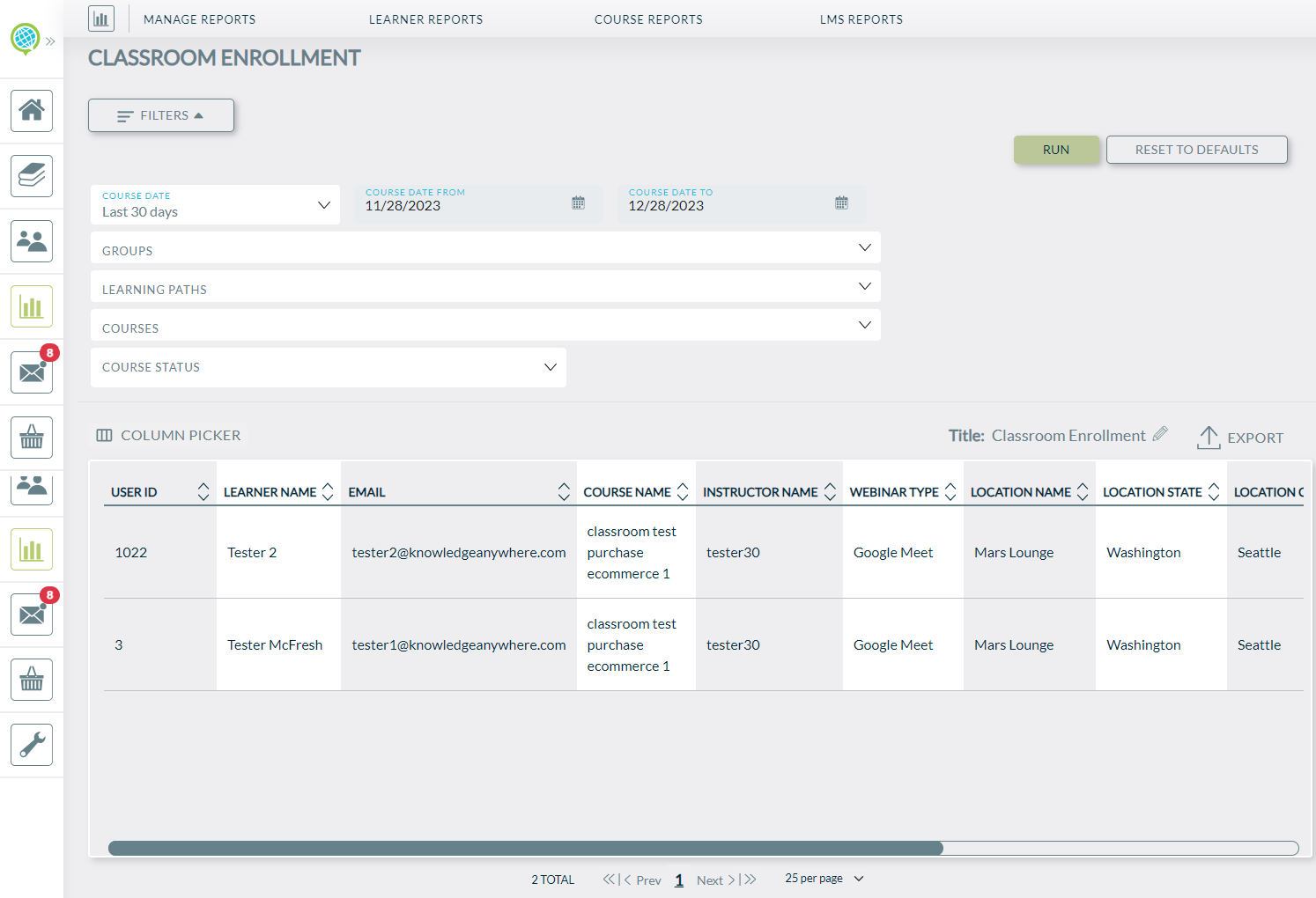 Course Reports - Classroom Enrollment