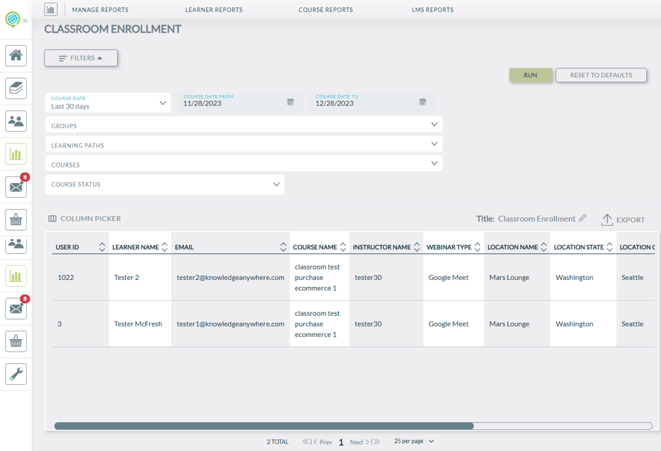 Course Reports - Classroom Enrollment