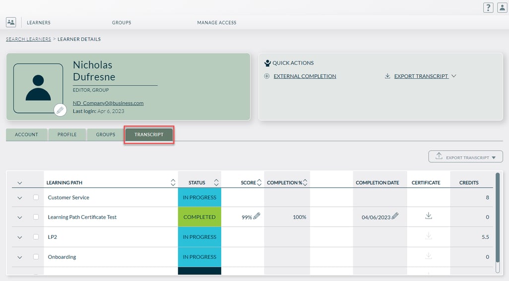 Learner Details Overview