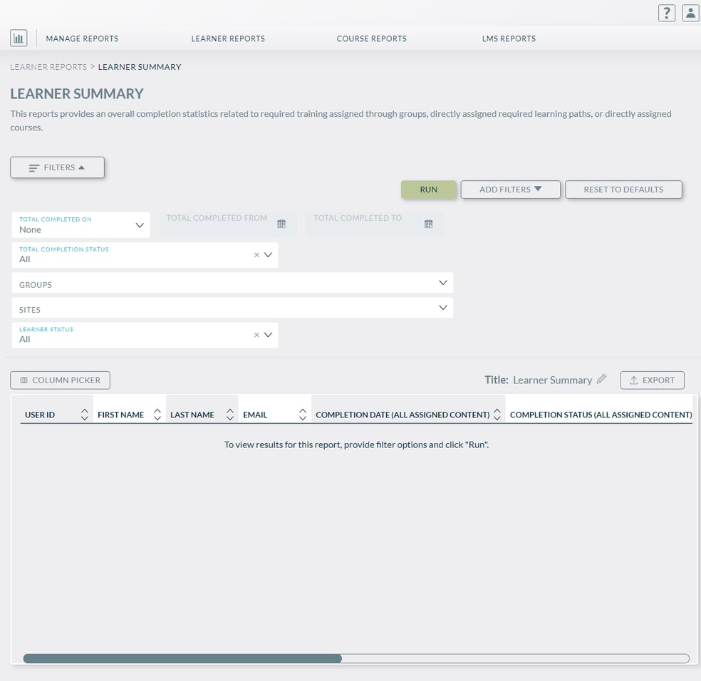Learner Reports - Learner Summary Report