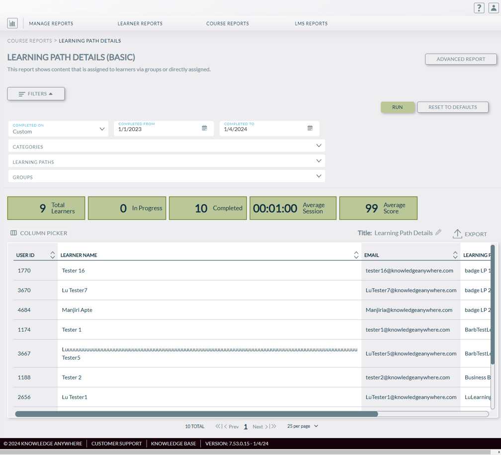 Course Reports - Learning Path Details