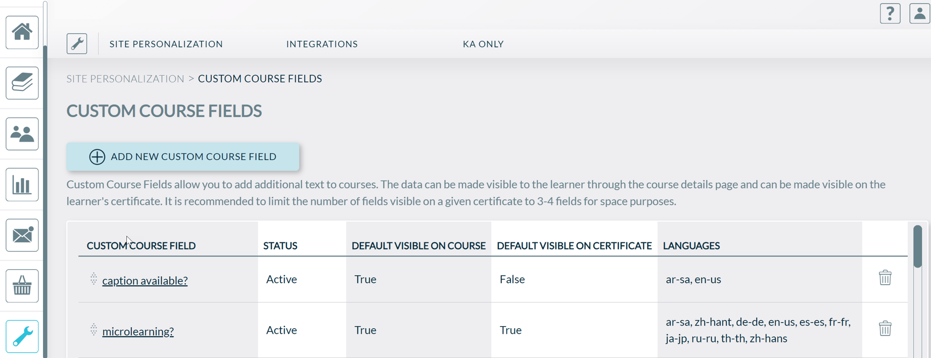How do I set and use custom course fields?